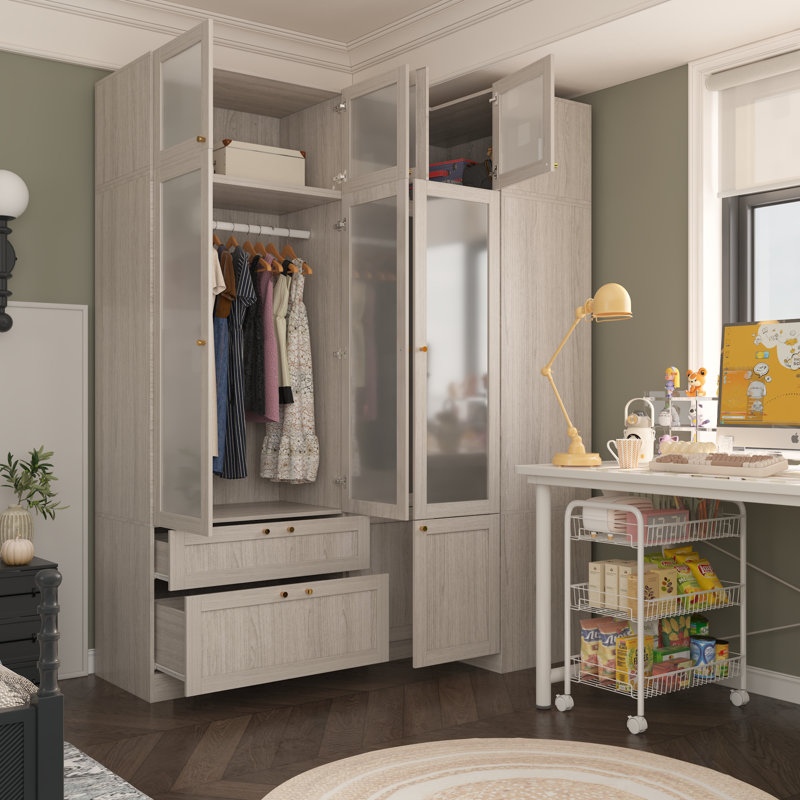 Elegant L Shaped Corner Wardrobe With Overhead Storage Cabinet Frosted Glass Doors And Gold Hardware Three Pack Shipping